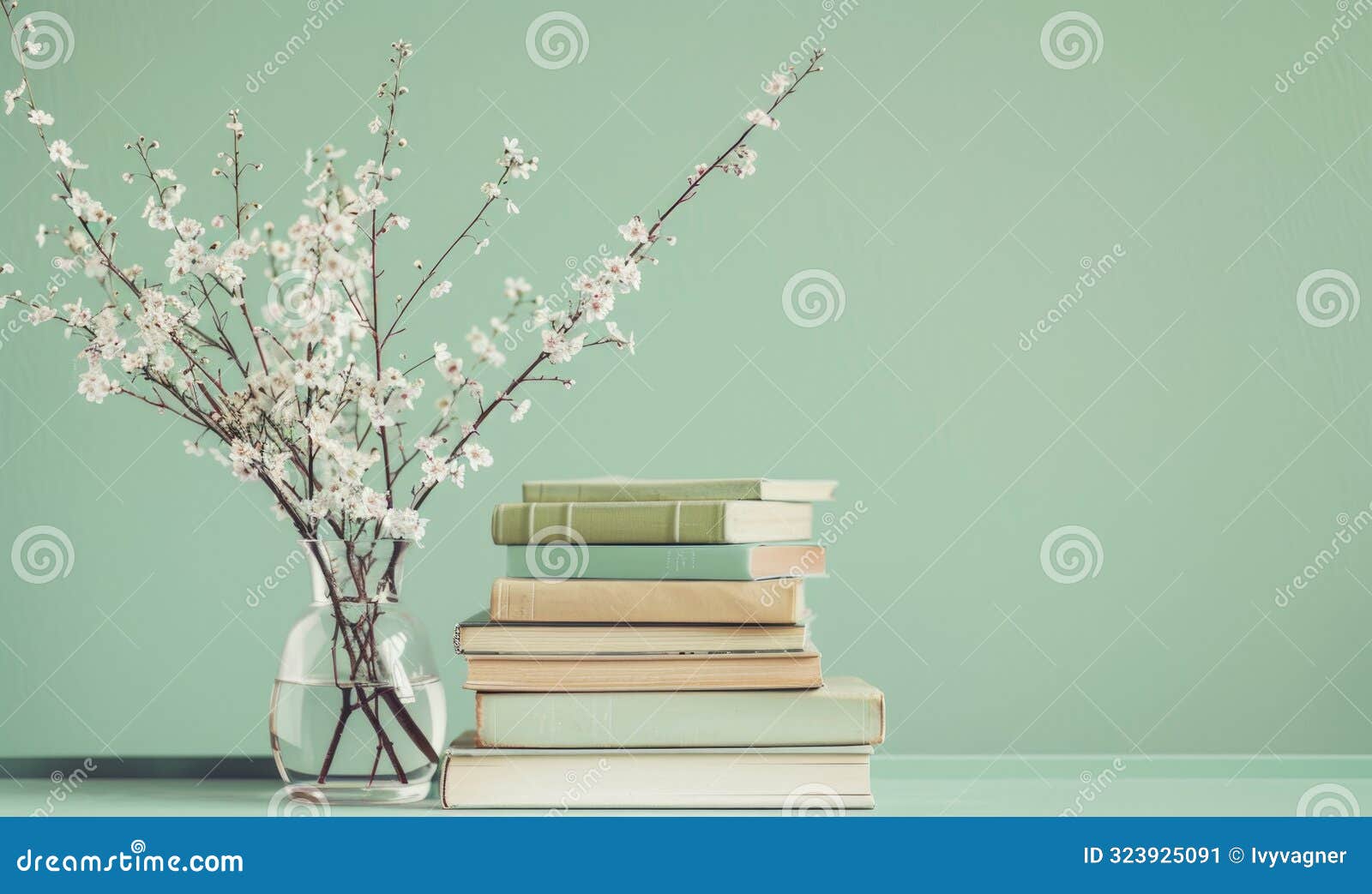 Stack of Books on a Light Gray Table with a Pastel Mint Green ...
