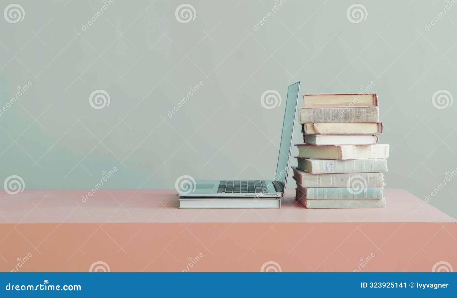 Stack of Books on a Light Gray Table with a Pastel Peach Background ...