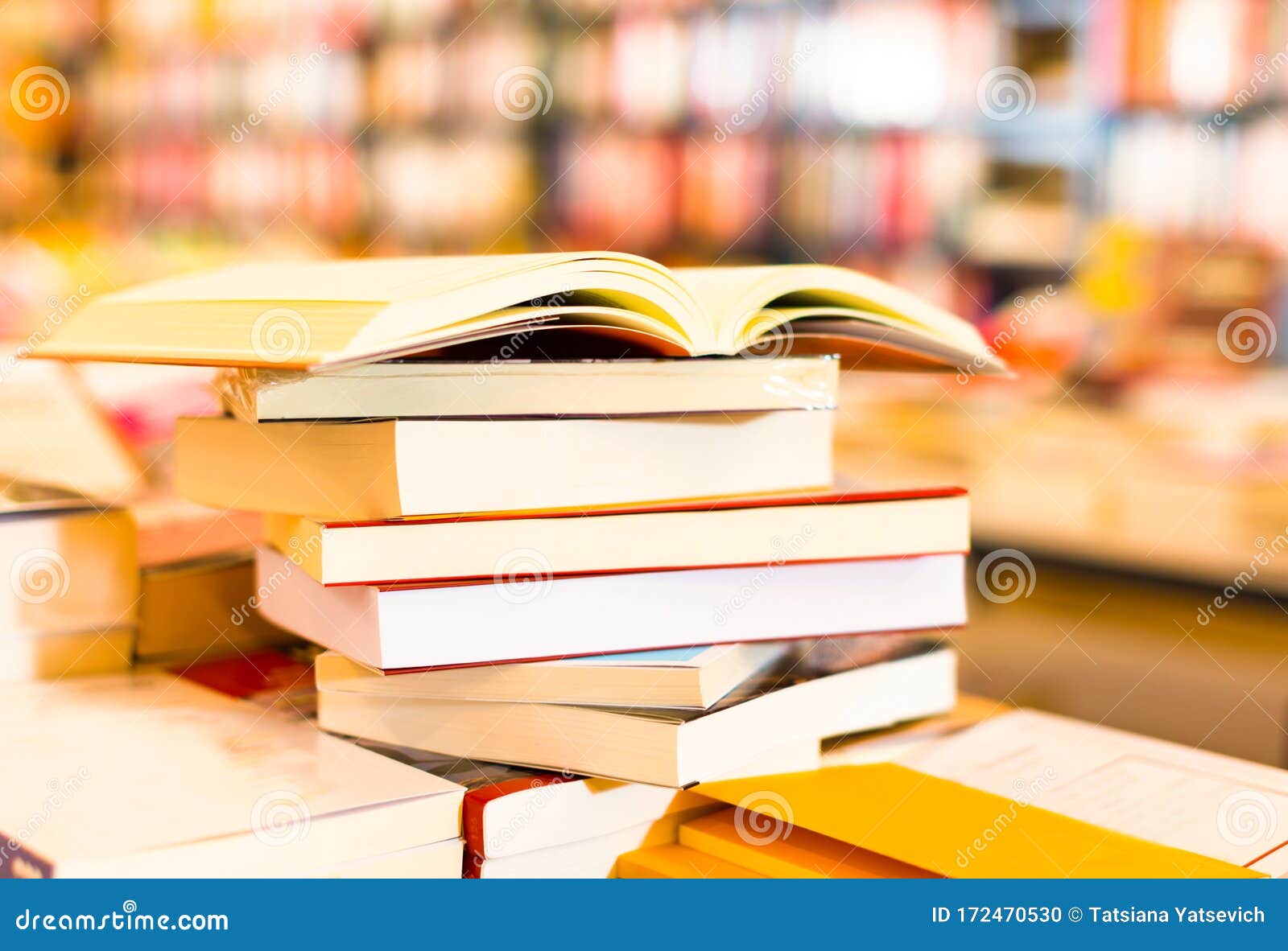 Stack of Books Lying on Table in Bookstore Stock Photo - Image of desk ...