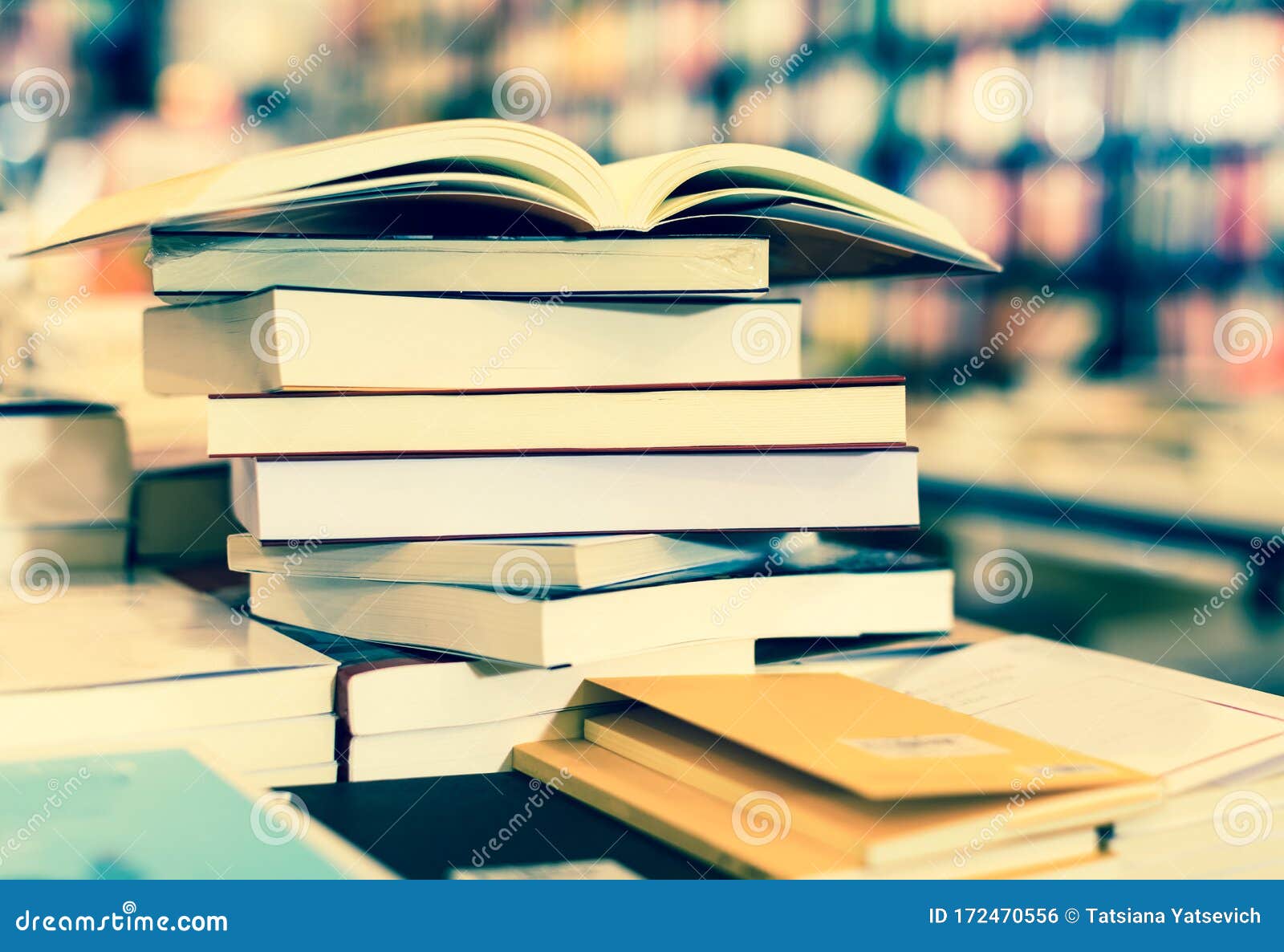 Stack of Books Lying on Table in Bookstore Stock Photo - Image of ...