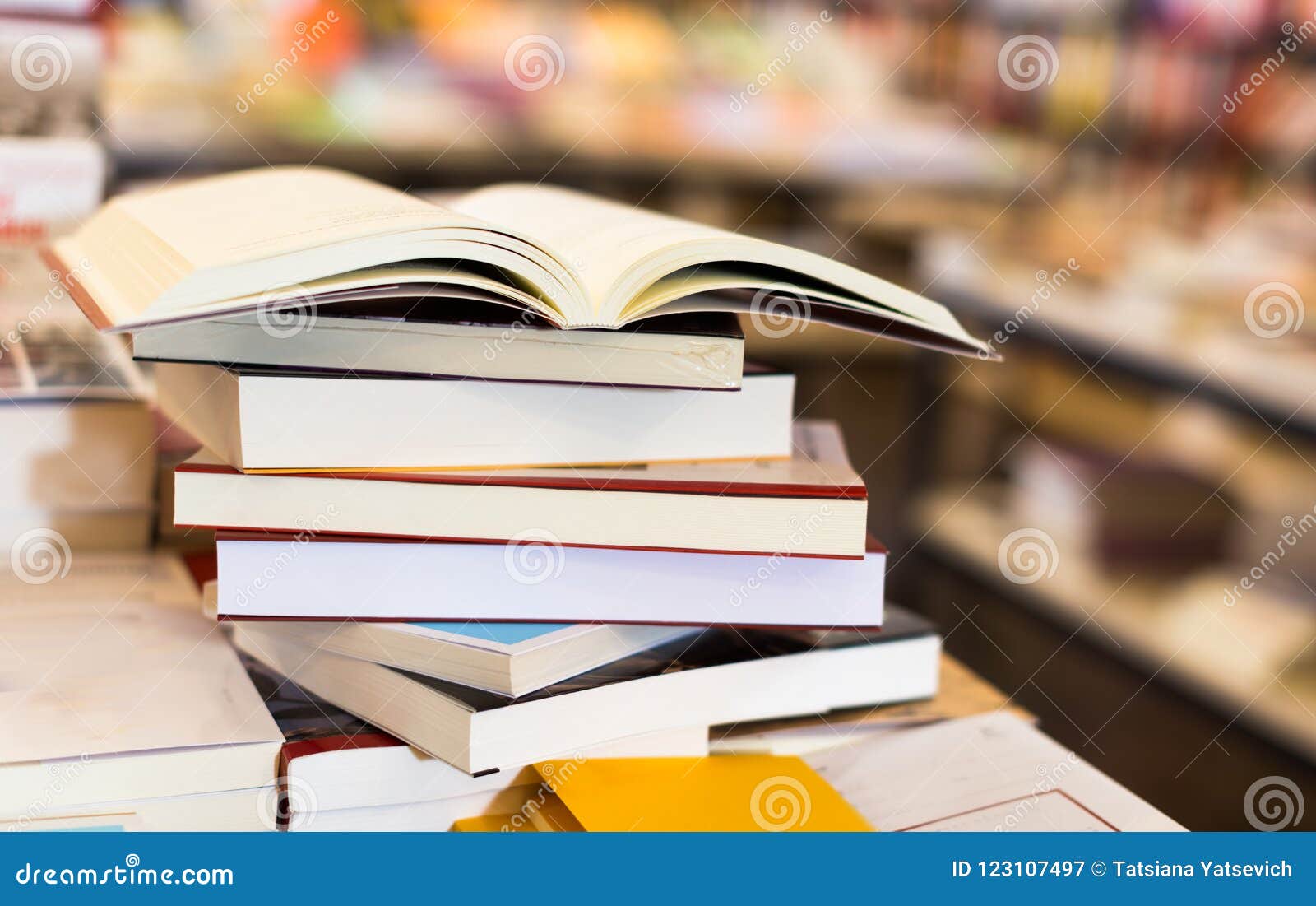 Stack of Books Lying on Table in Bookstore Stock Image - Image of ...