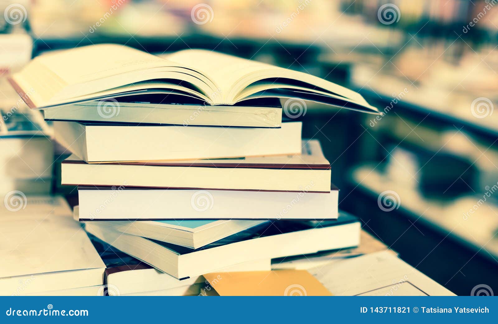 Stack of Books Lying on Table in Bookstore Stock Image - Image of page ...
