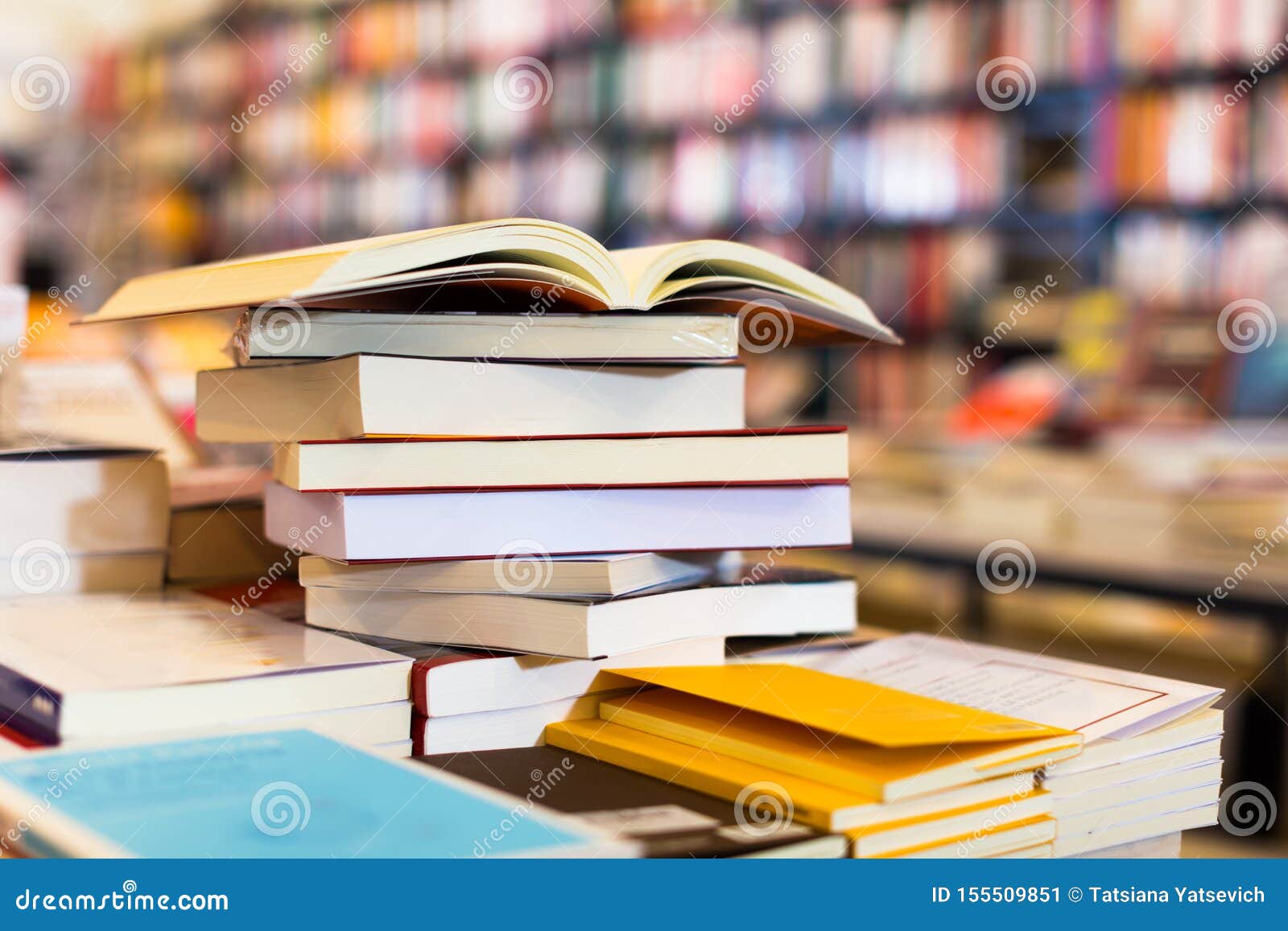 Stack of Books Lying on Table in Bookstore Stock Image - Image of ...