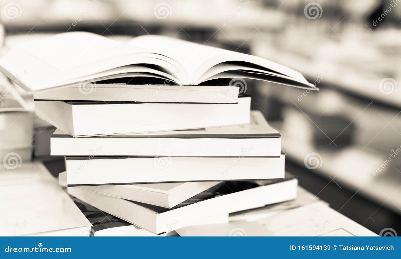 Stack of Books Lying on Table in Bookstore Stock Image - Image of ...