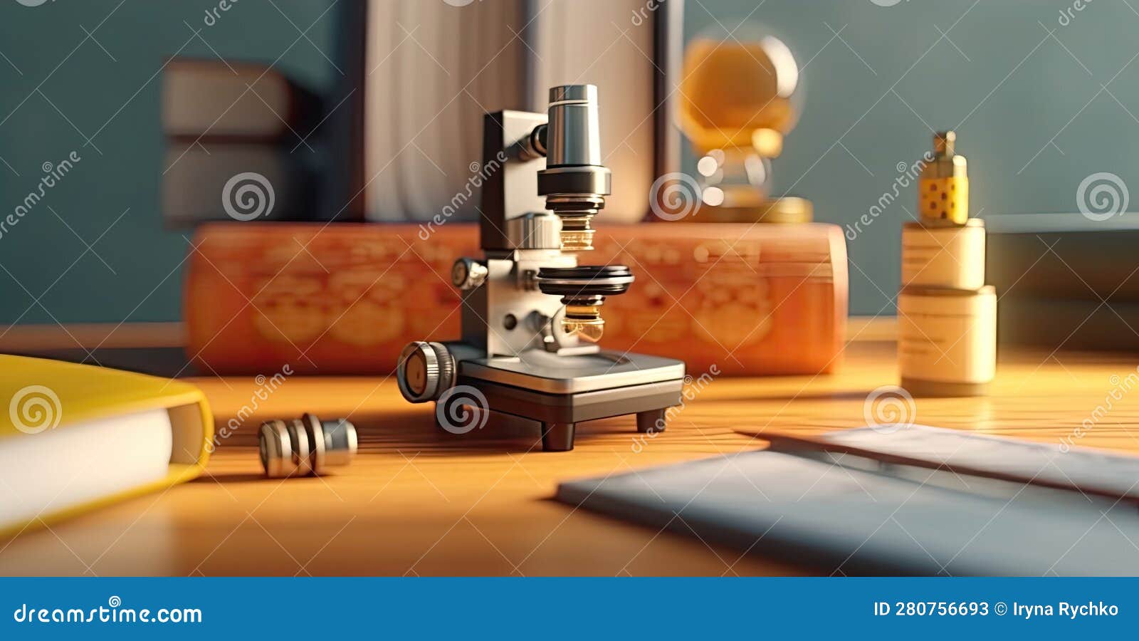 Stack of Books, Microscope, Pencils on School Table , AI Generated ...