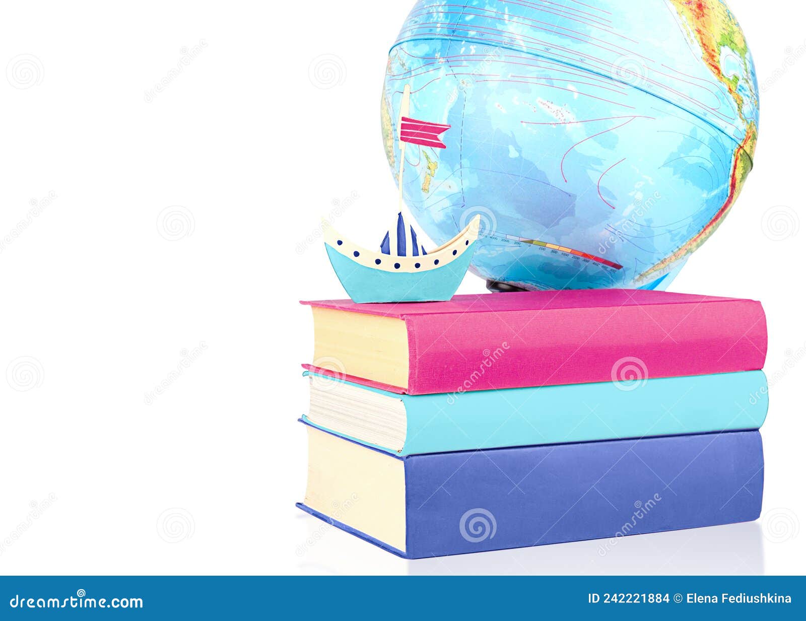 Stack of Books and Model of a Sailing Ship. Stock Photo - Image of ...