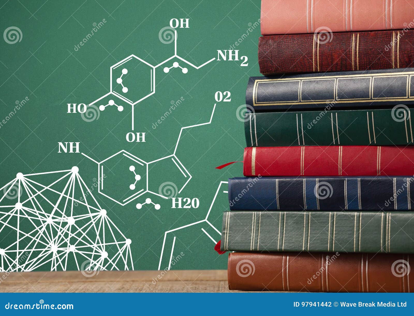 Stack of Books Next To Blackboard with Science Diagrams Stock Photo ...