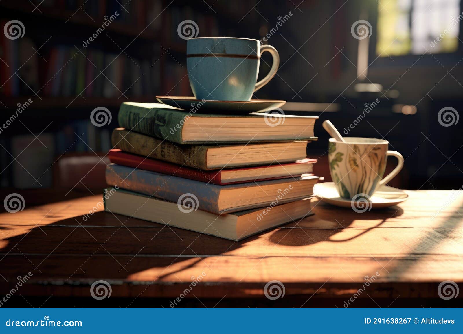 Stack of Books Next To a Coffee Cup on a Desk Stock Image - Image of ...