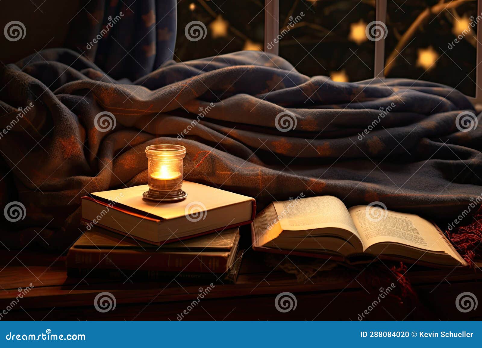 Stack of Books, Notebook, Lantern Resting on Top of a Blanket Stock ...