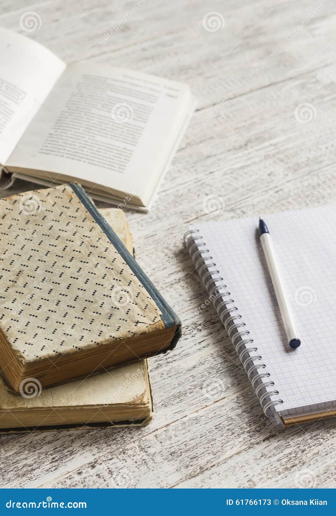 Stack of Books, Notebook on White Wooden Table. Stock Image - Image of ...