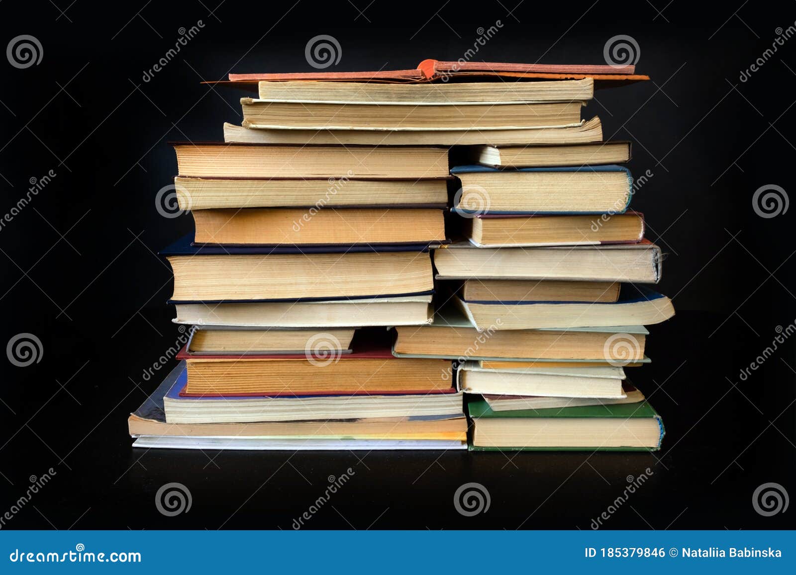 Stack Books Old Black Background Notebook Library Stock Photo - Image ...
