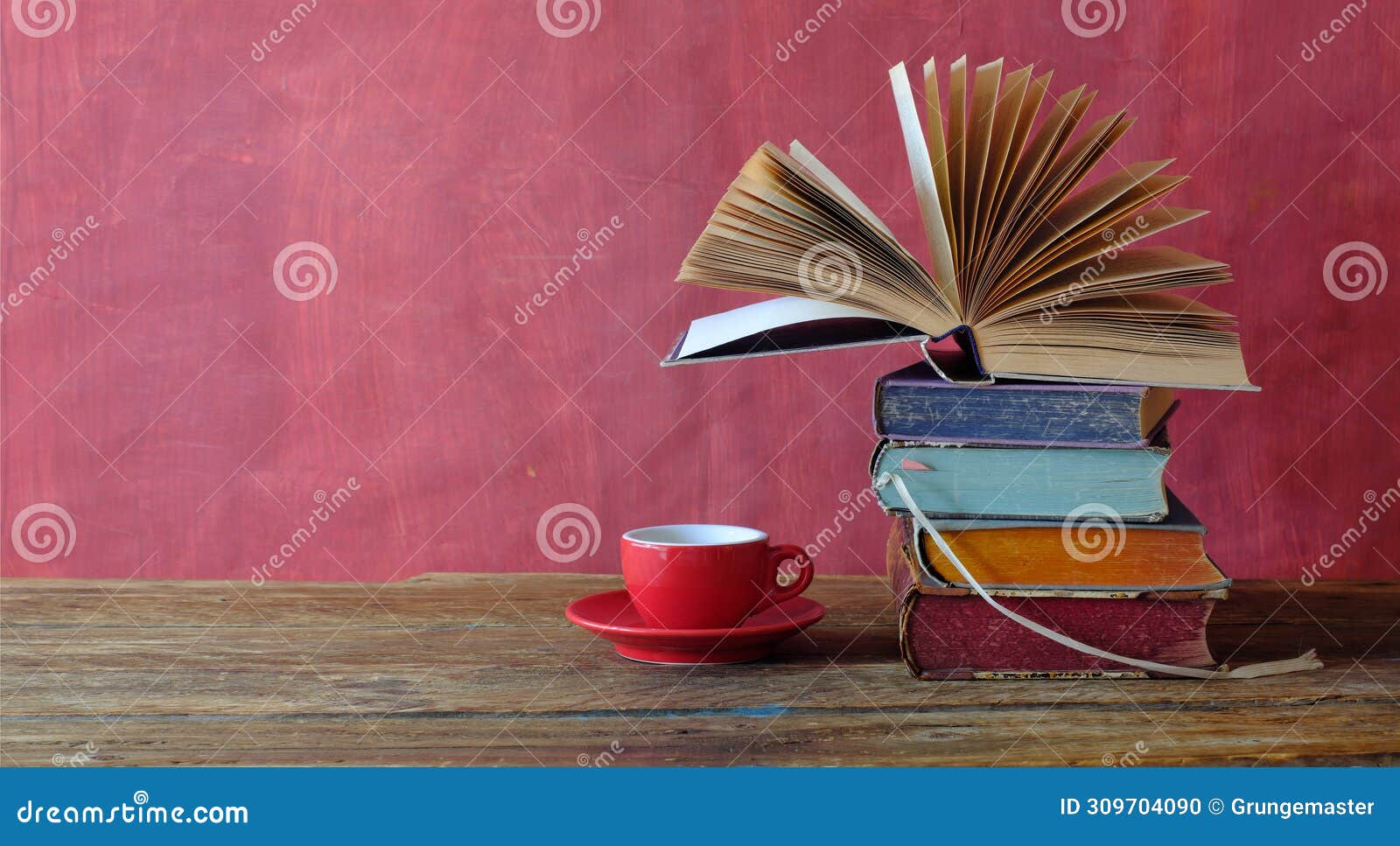 Stack of Books with Open Book and Cup of Espresso Coffee, Reading ...