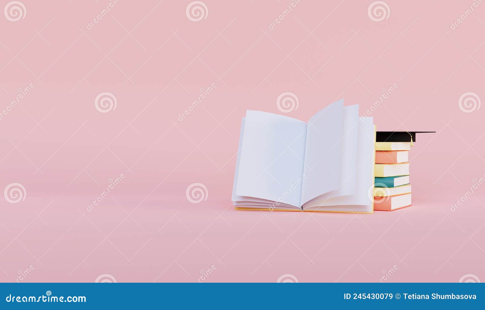 Stack of Books, Open Book and Graduation Cap on Pink Background. Online ...