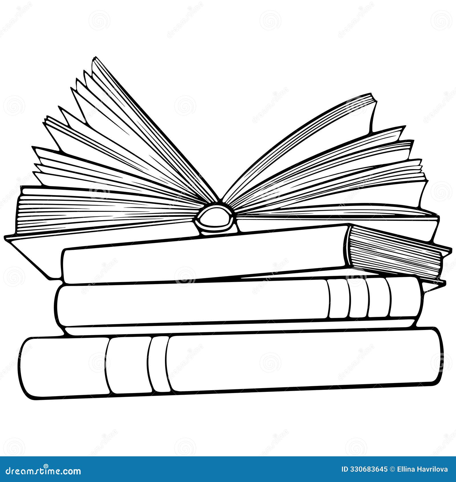 Stack of Books with an Open Book Line Art Stock Vector - Illustration ...