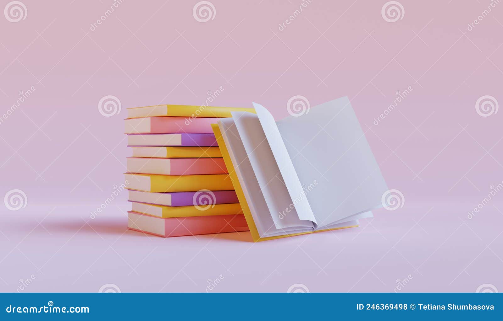 Stack of Books with Open Book on Pink Background. Front View. Online ...