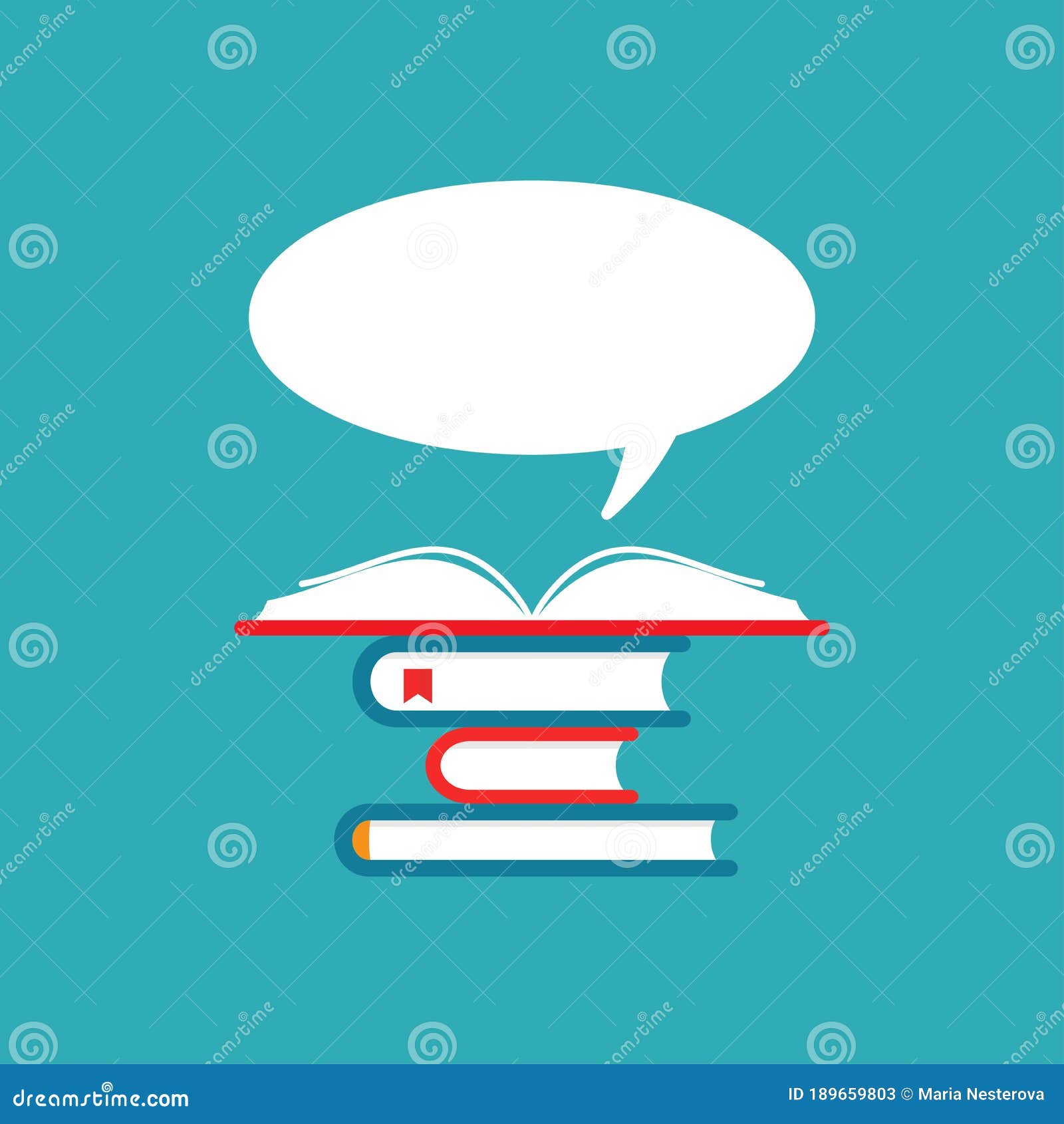 Stack of Books and Open Book with Speech Bubble Flying Out. Isolated on ...