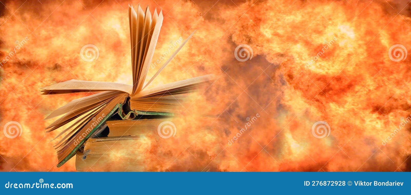 A Stack of Books and an Open Book on Top are on Fire and Around the ...