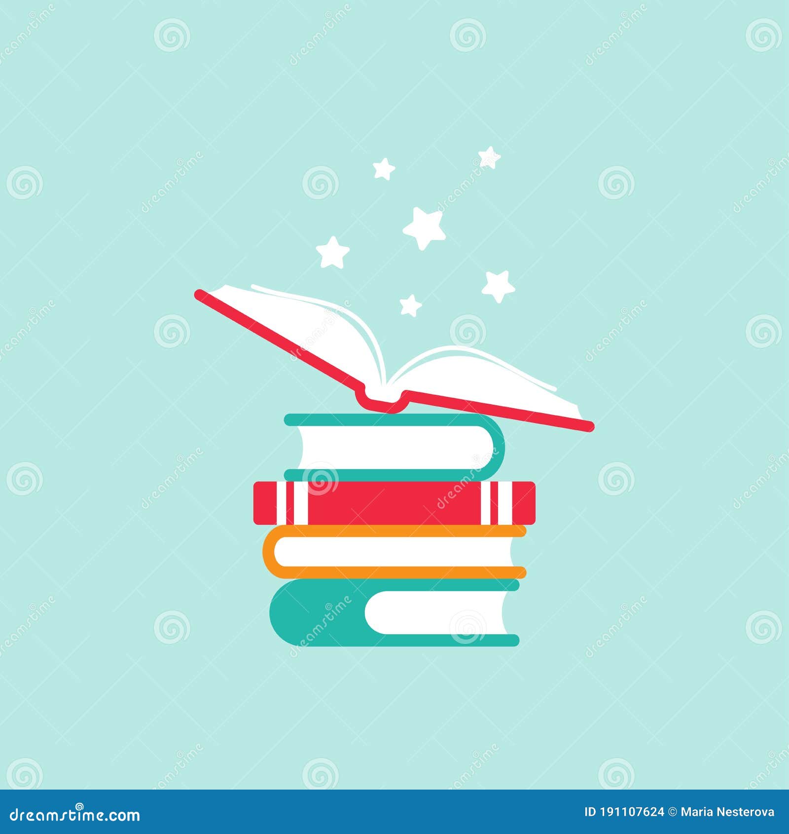Stack Of Books And Open Book With White Stars Flying Out. Isolated On ...