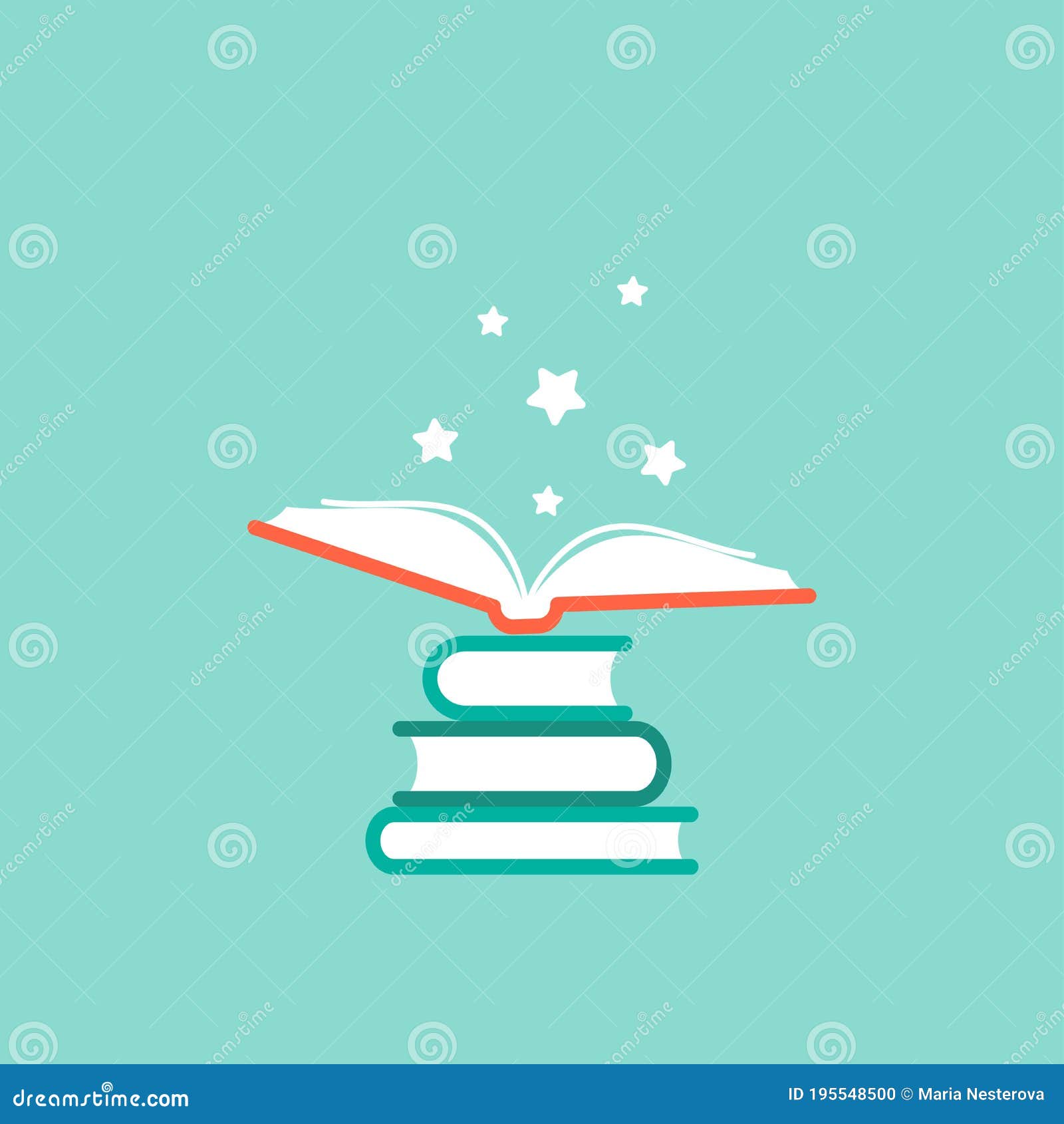 Stack of Books and Open Book with White Stars Flying Out. Isolated on ...