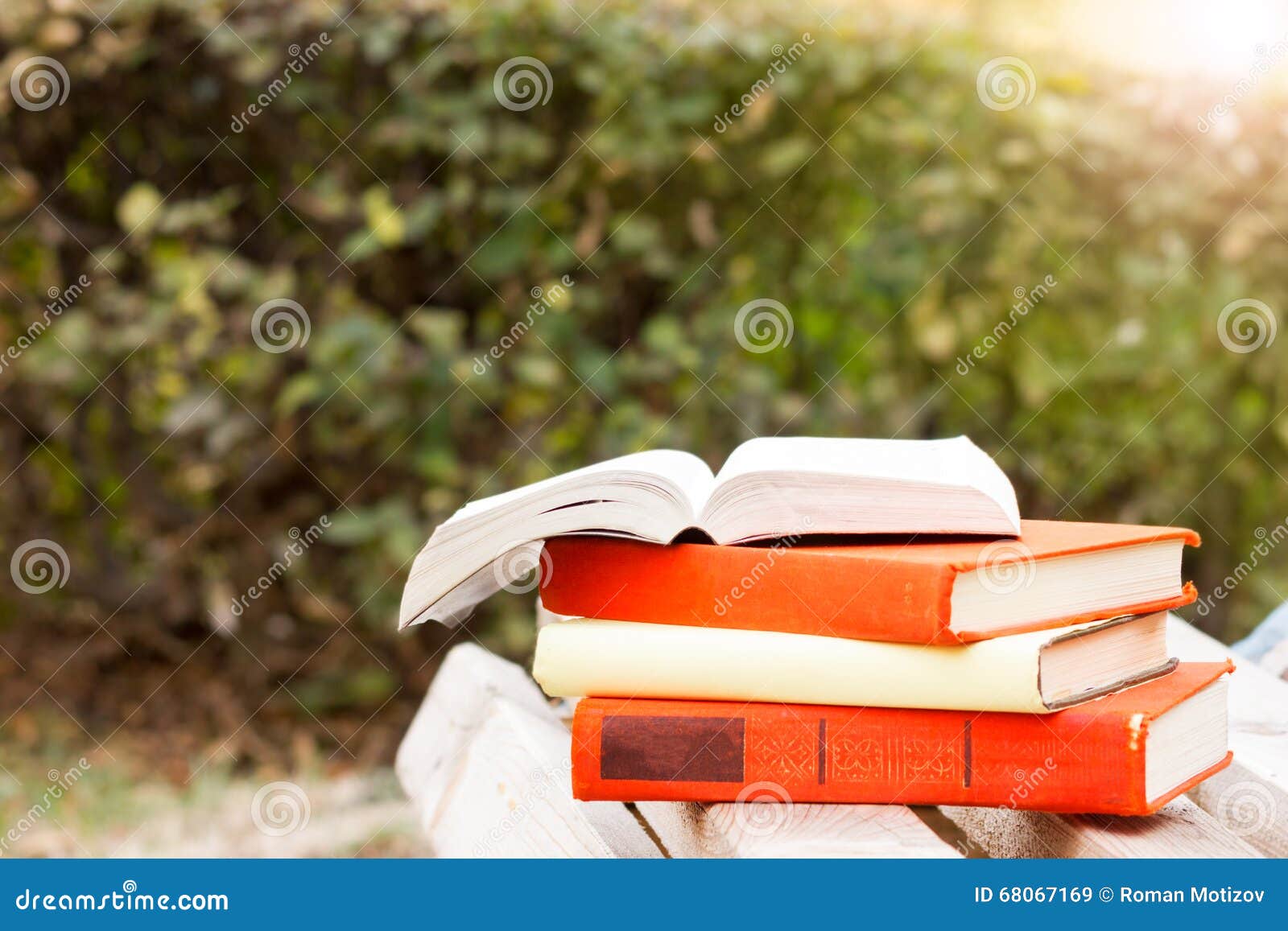 Stack of Books and Open Hardback Book on Blurred Nature Landscape Stock ...