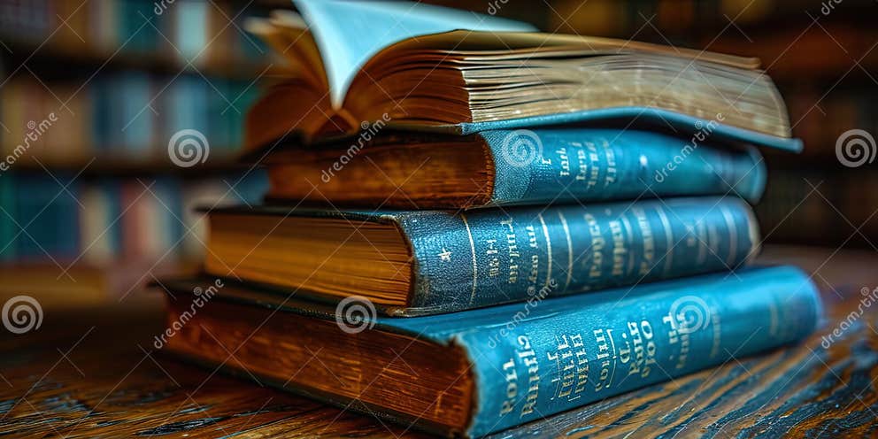 A Stack of Books with Open Pages, on Which Curved Words and Text are ...