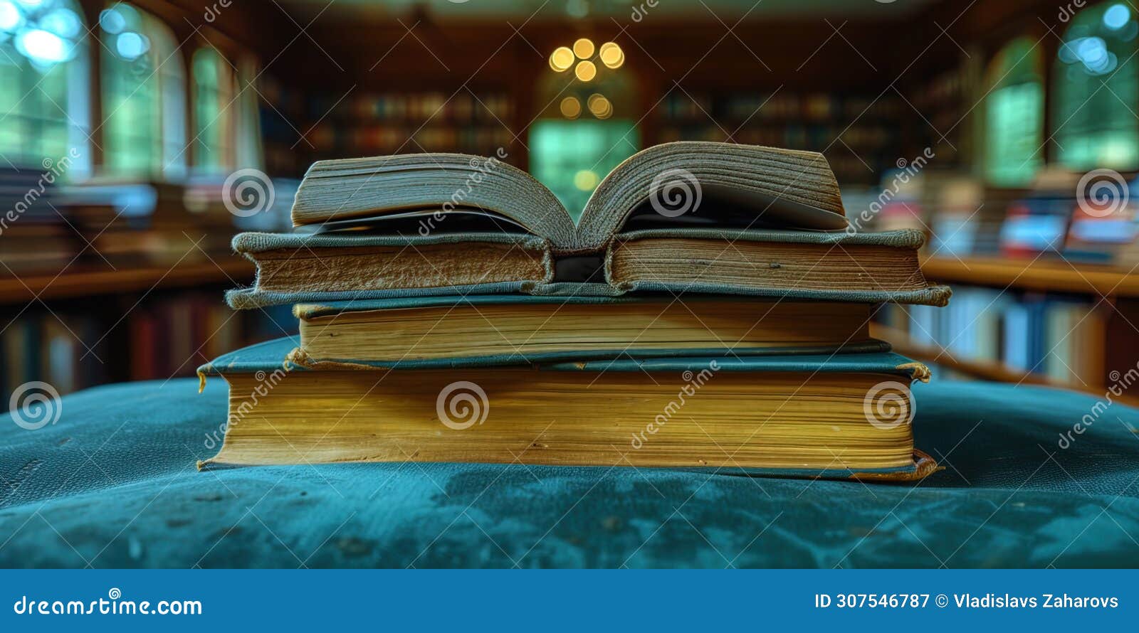 A Stack of Books with Open Pages, on Which Curved Words and Text are ...