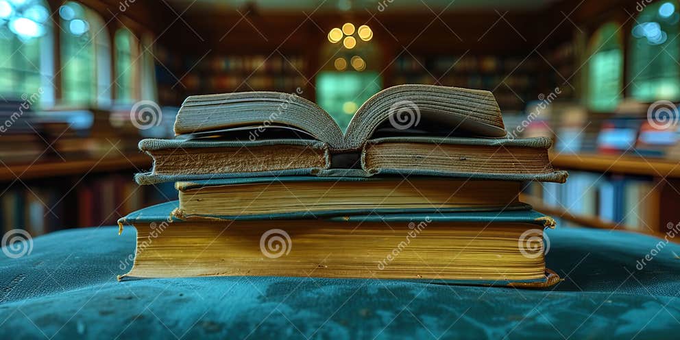 A Stack of Books with Open Pages, on Which Curved Words and Text are ...