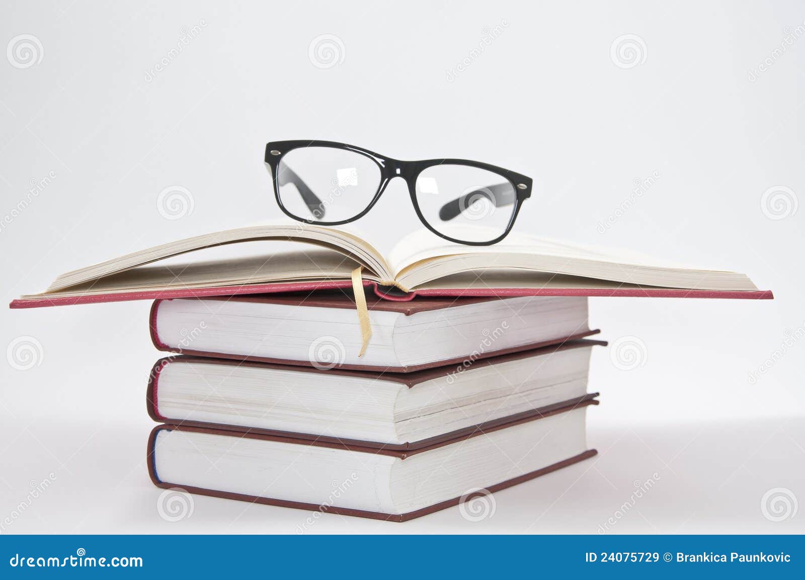 Stack of Books with Opened Notebook and Glasses Stock Image - Image of ...