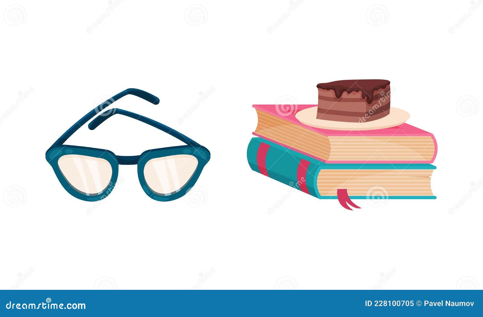 Stack of Books, Piece of Cake and Glasses Cartoon Vector Illustration ...