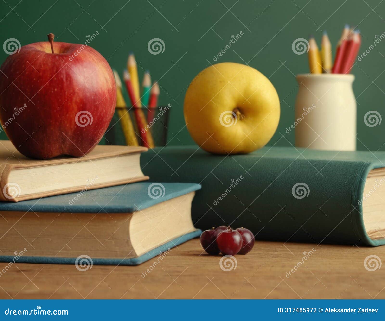 A Stack of Books and a Red Apple Sit on a Table Stock Illustration ...