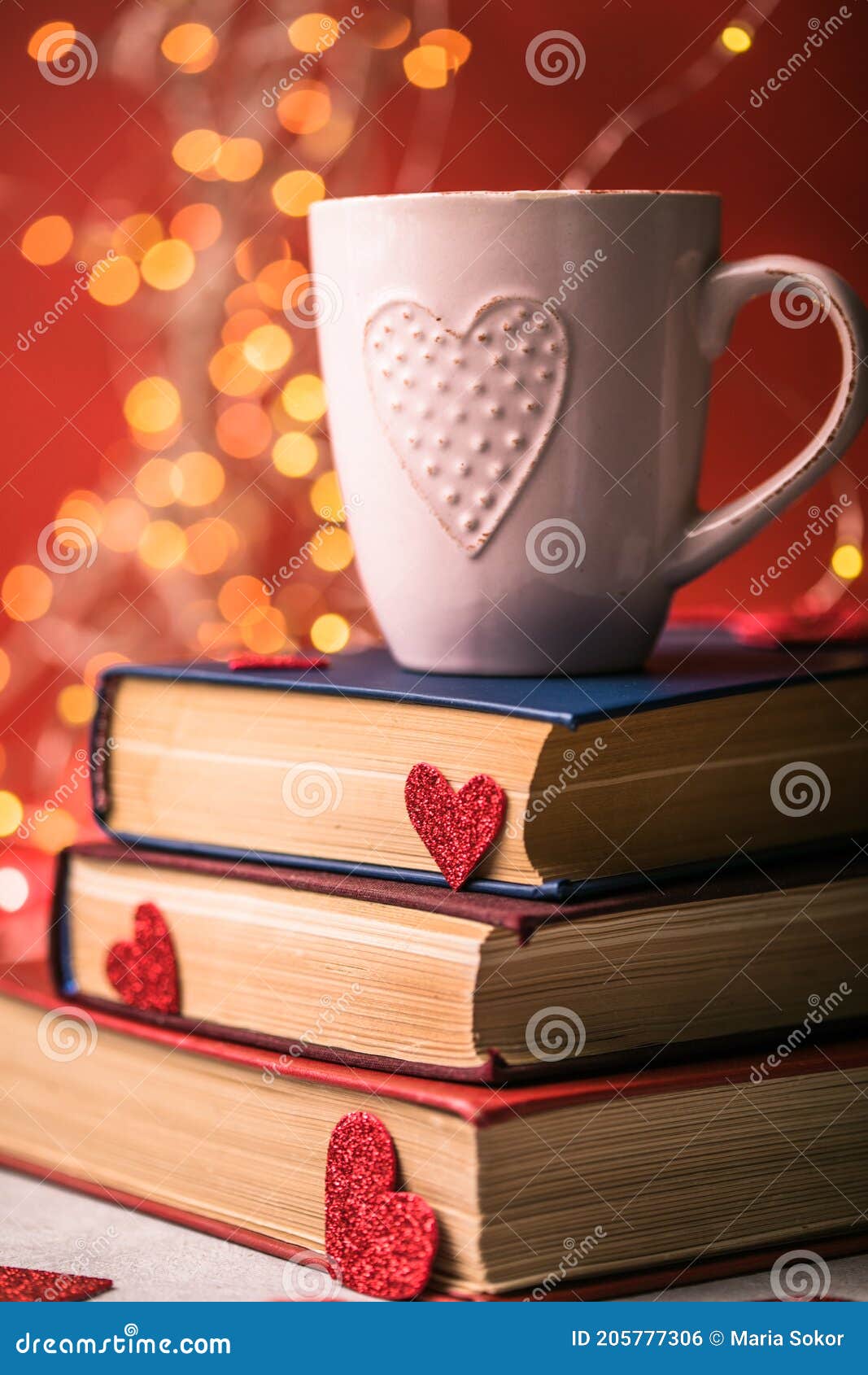 Stack of Books and Red Heart. Romantic Background with the Book Stock ...