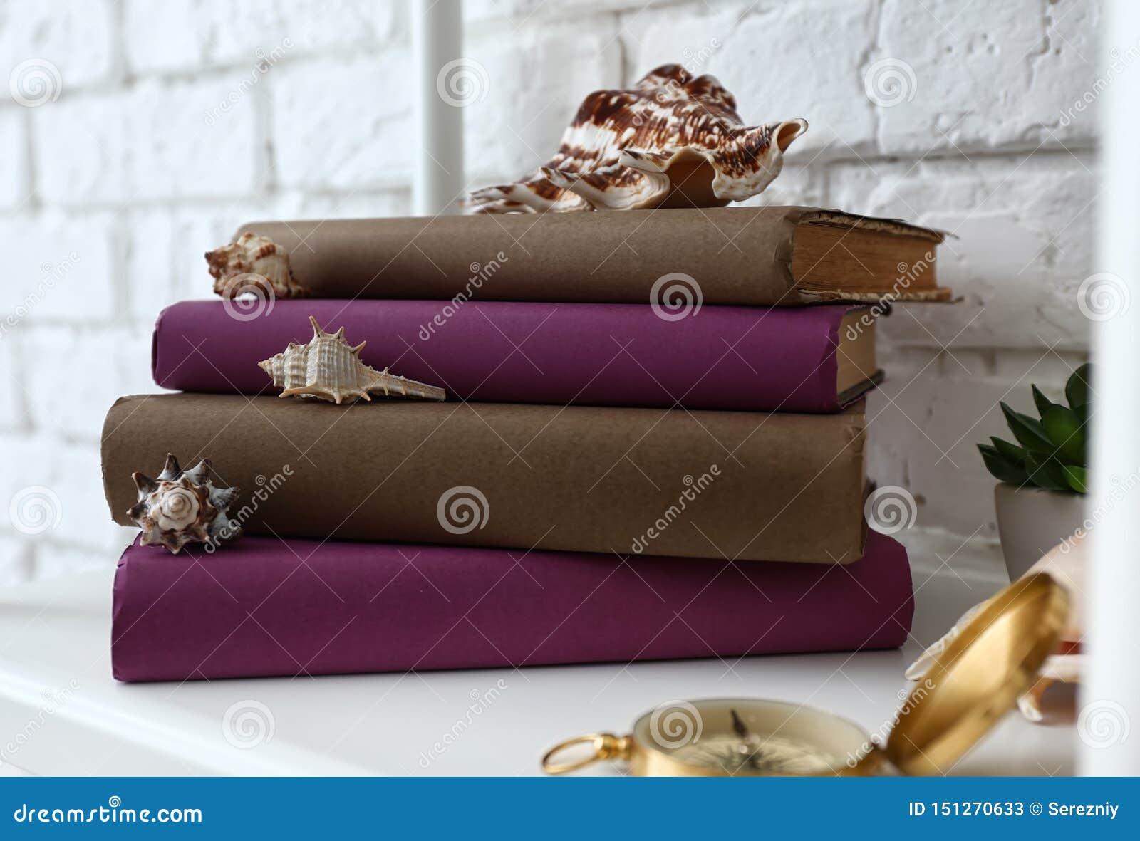 Stack of Books and Seashells on Shelf Near White Brick Wall Stock Image ...