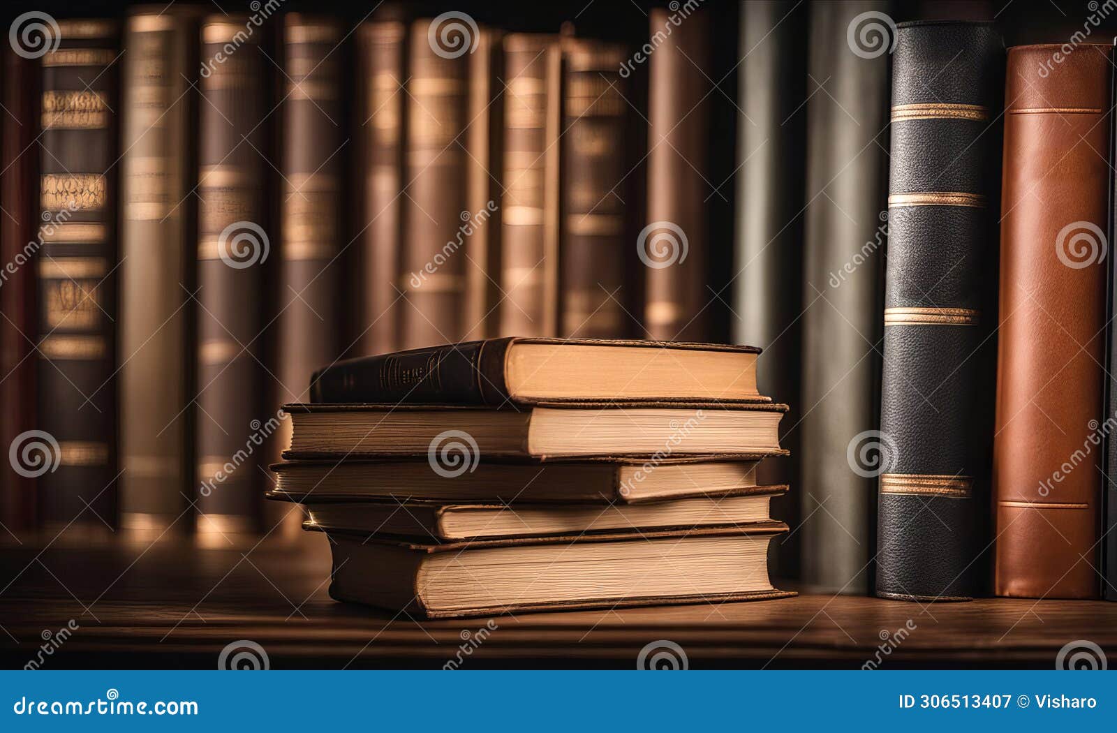 Stack of Books with Books on Shelves Behind Stock Illustration ...