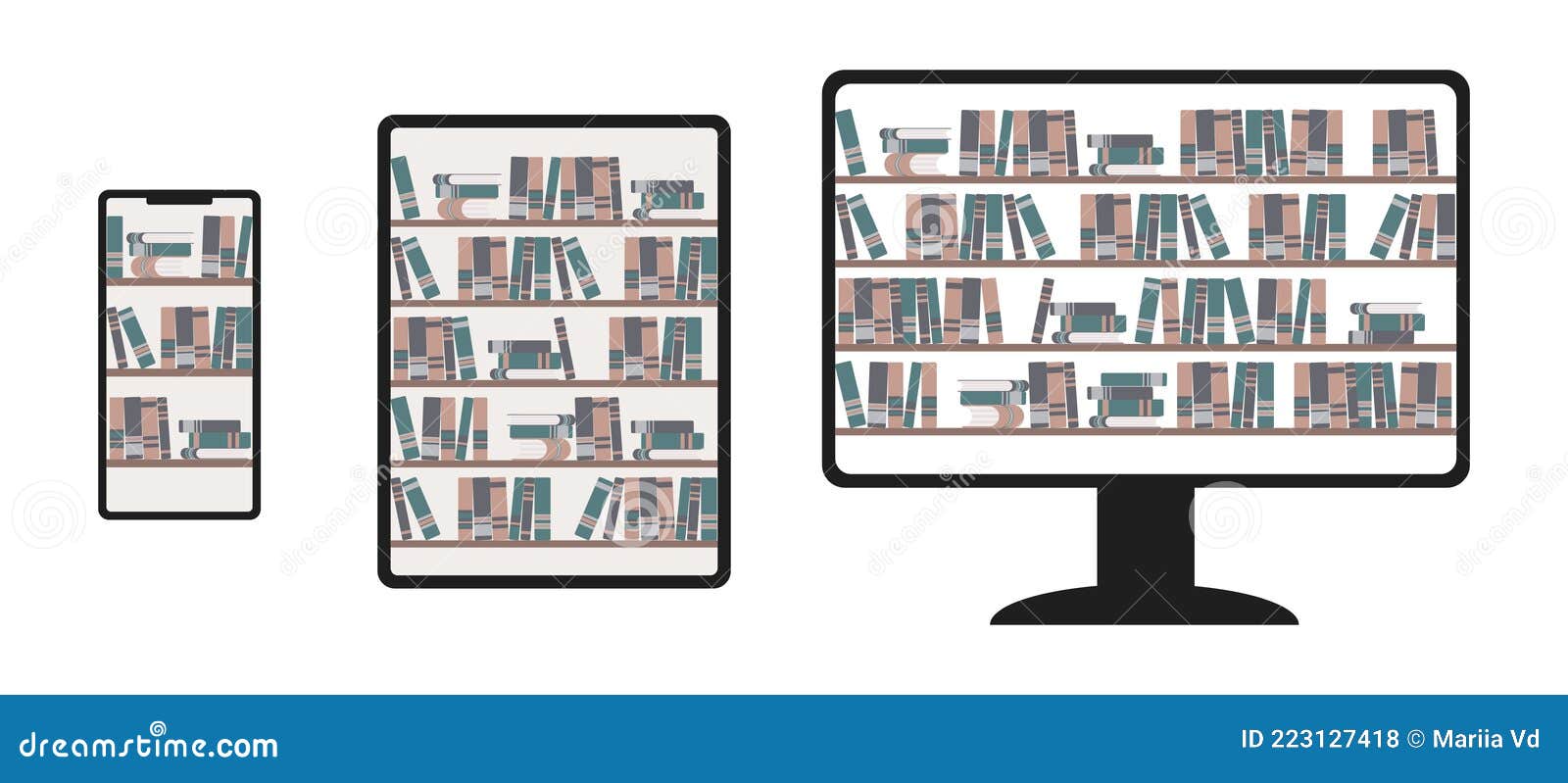 Stack of Books on Shelves in Online Library on Phone, Tablet and ...