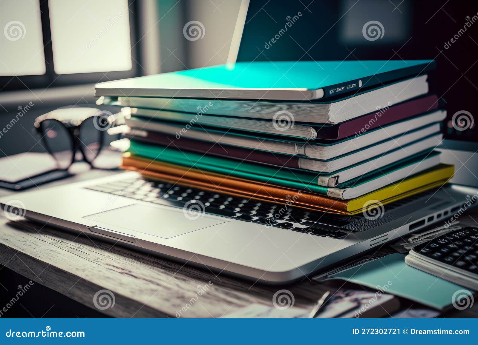 Stack of Books Sitting on Top of Laptop Computer Next To Pair of ...