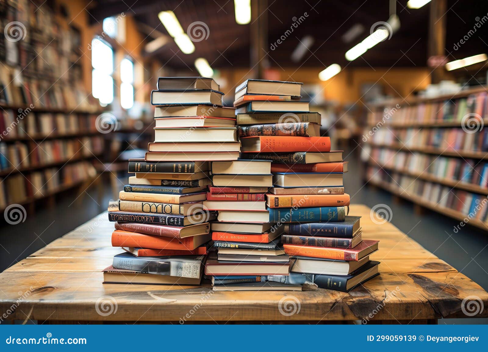 A Stack of Books Sitting on Top of a Wooden Table in Big Bookstore ...