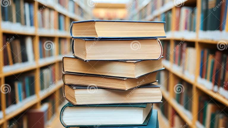 Stack of Books Standing on Shelf in Library Stock Photo - Image of ...