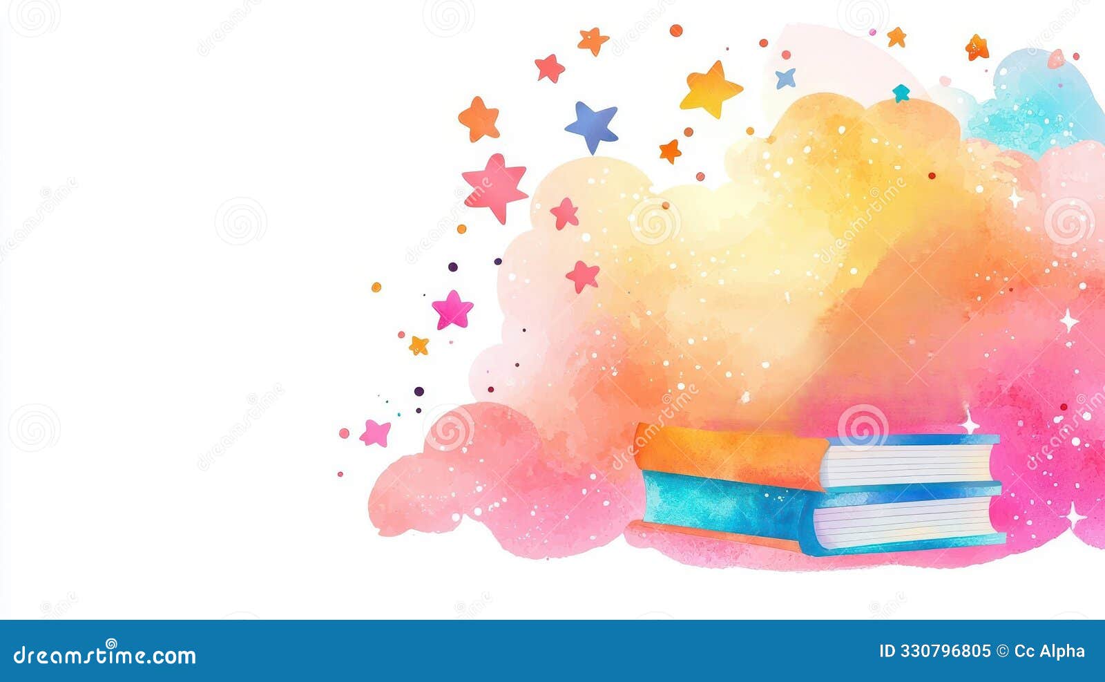 Stack of Books with Stars and Clouds in the Background. Watercolor ...
