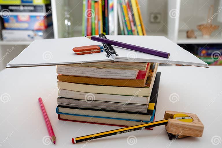 Stack of Books and Stationery on White Background. Doing Homework Stock ...