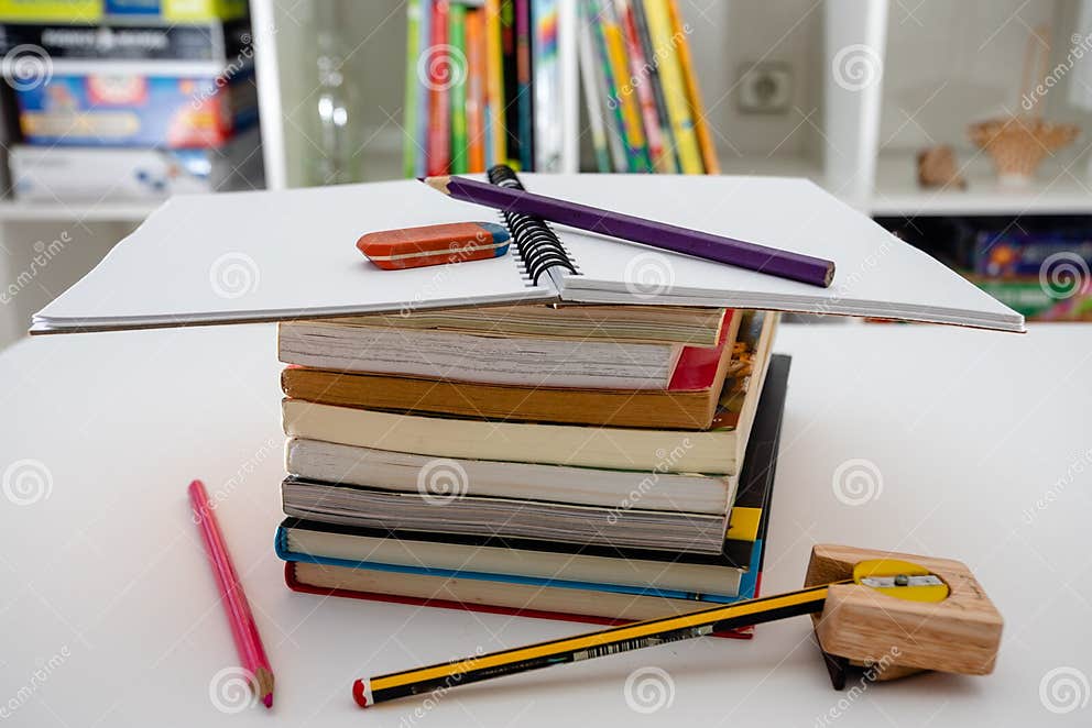 Stack of Books and Stationery on White Background. Doing Homework Stock ...