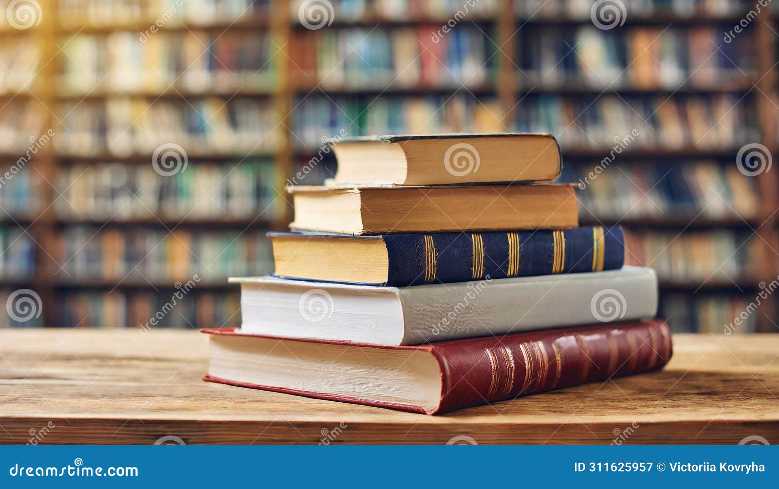 Stack of Books on Table with Blurred Library Background Stock ...