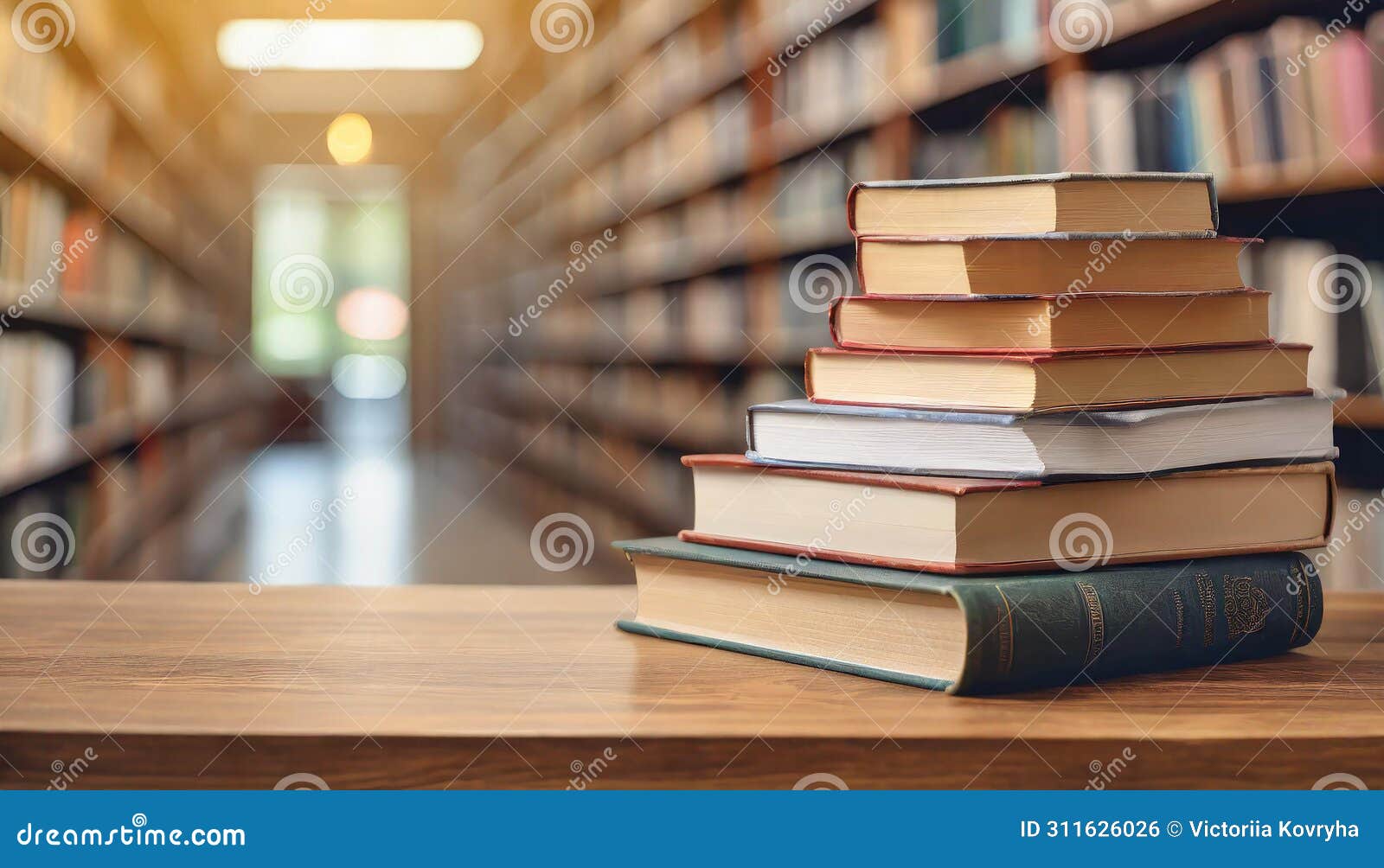 Stack of Books on Table with Blurred Library Background Stock ...