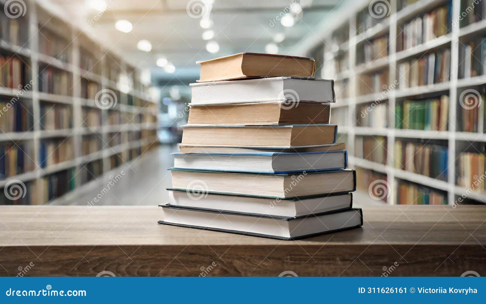 Stack of Books on Table with Blurred Library Background Stock ...