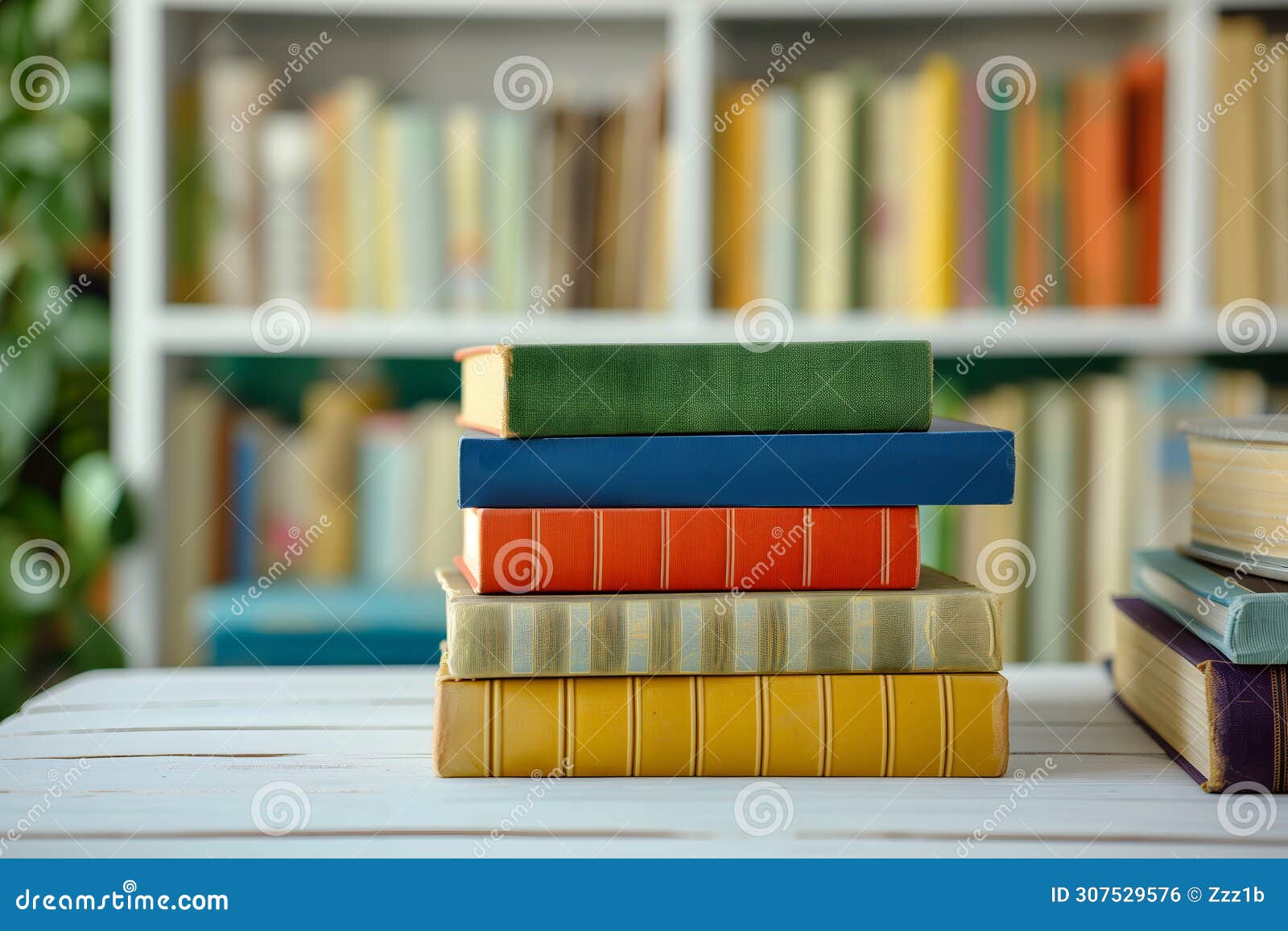 Stack of Books on Table in Front of Blurred Book Shelf Stock Photo ...