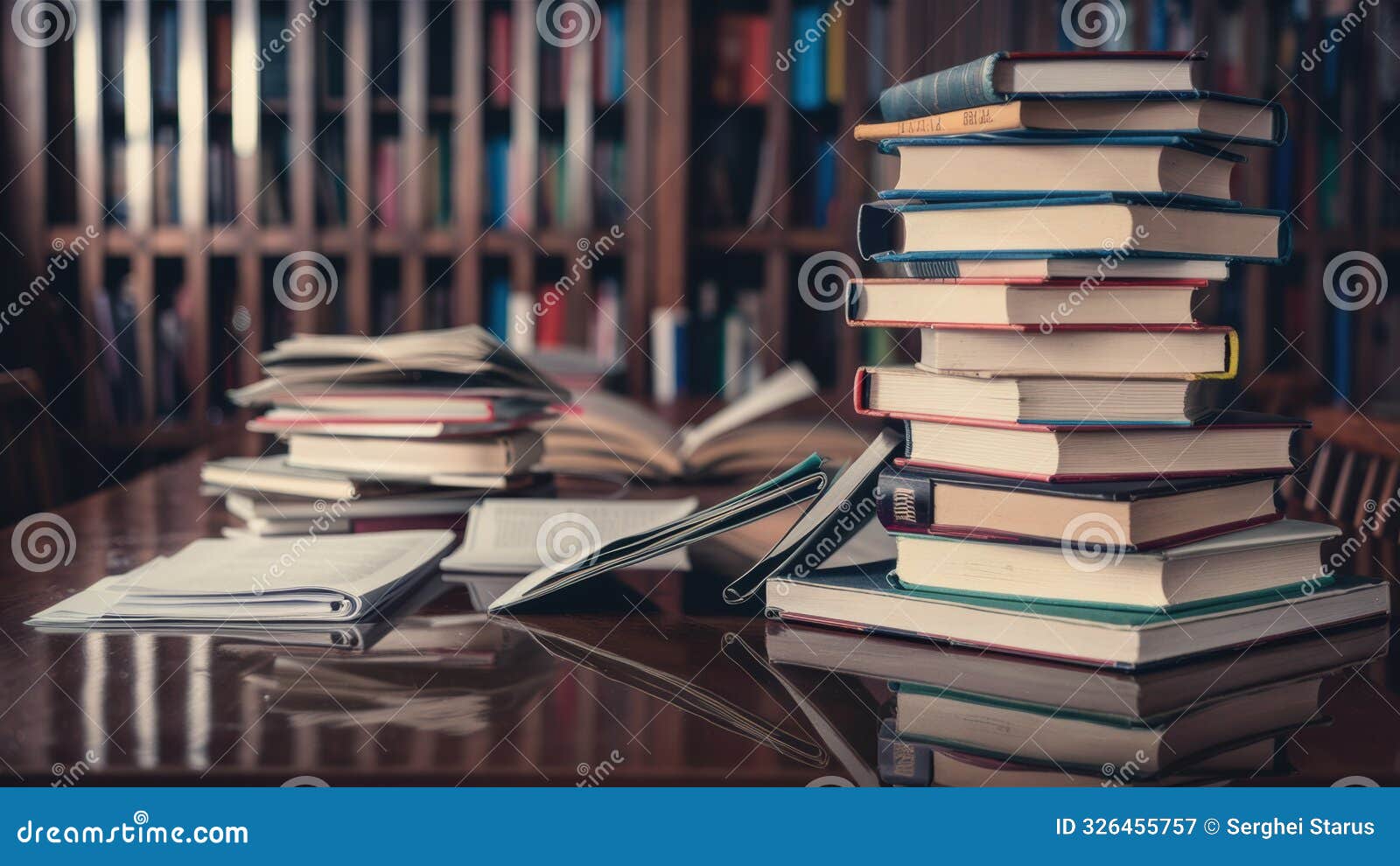 A Stack of Books on a Table in Front of Some Shelves, AI Stock Image ...