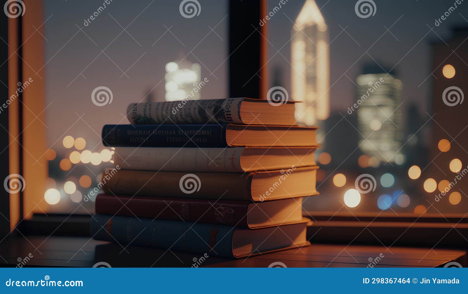Stack of Books on a Table in Front of the Window at Night Stock ...