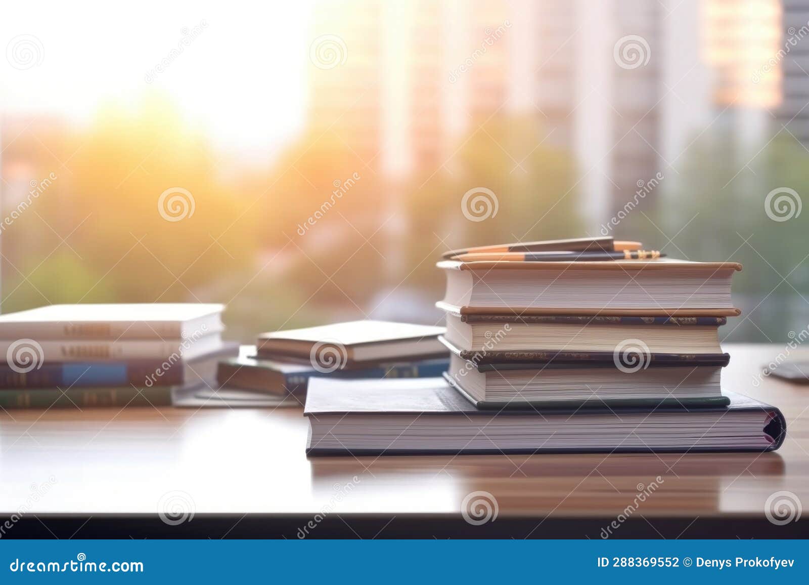 Stack of books on table stock photo. Image of interior - 288369552