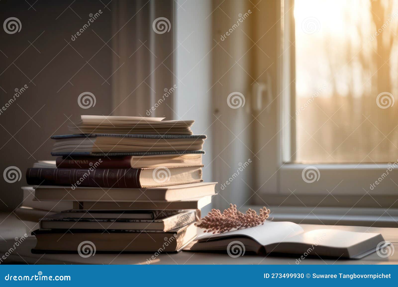 Stack of Books on the Table an Open Book or Textbook Education ...