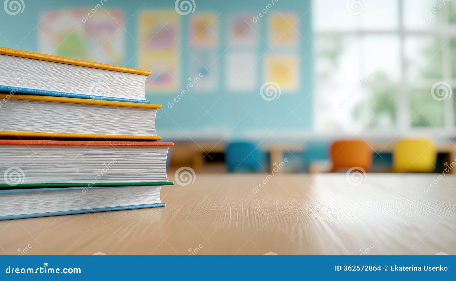 Stack of Books on a Teacher Desk in a Classroom Stock Photo - Image of ...