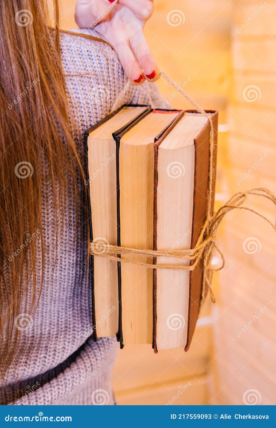 A Stack of Books Tied with String Close-up Stock Image - Image of ...